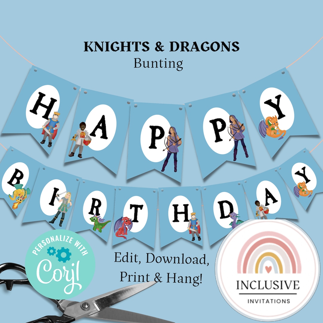 Knights and Dragons Bunting, Print at Home Party Decorations, Matching ...