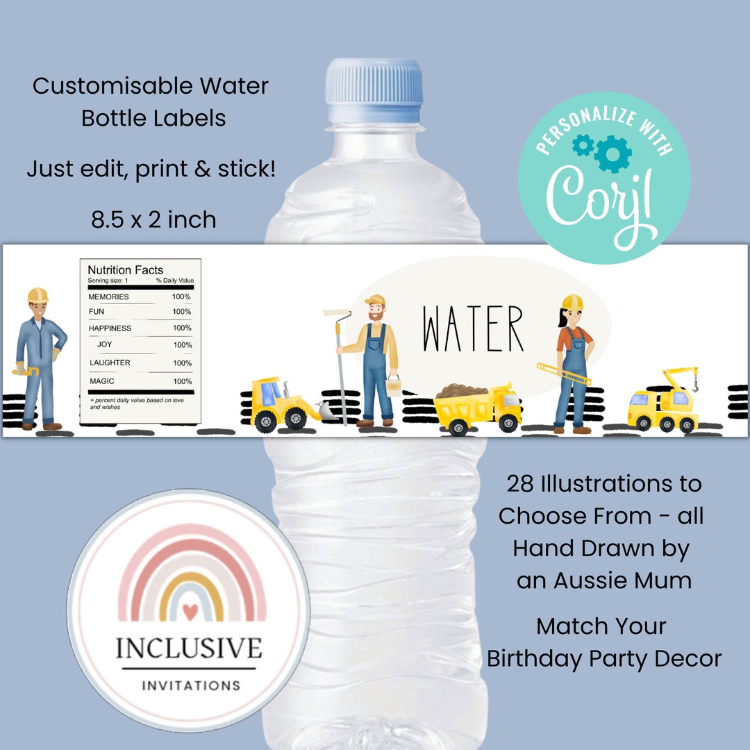 Construction Birthday Party Decor Water Bottle Labels Customisable ...