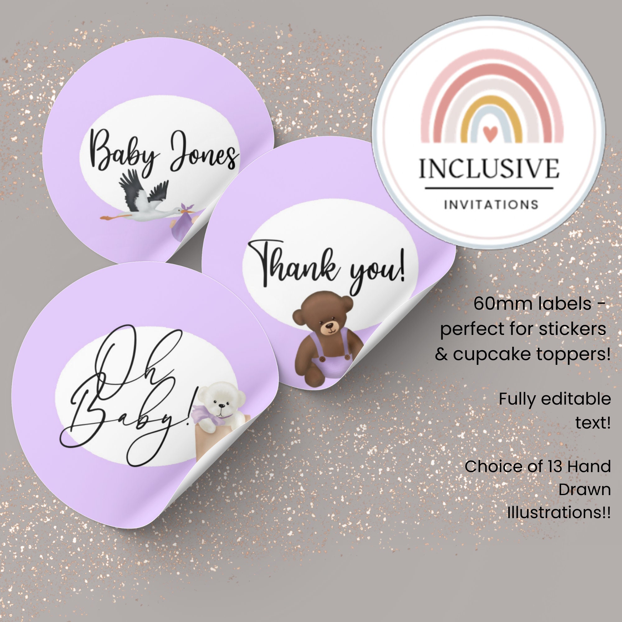 Purple Baby Shower Round Labels Customisable Editable Printable Digital ...