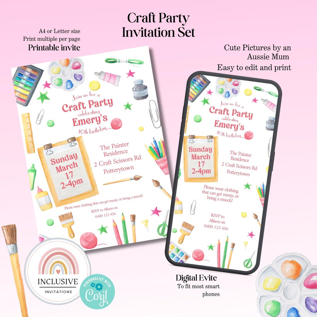 Craft Party Invitation Bundle: Editable Kids Birthday (digital) - Etsy