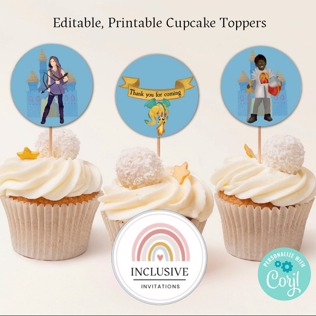 Knights and Dragons Cupcake Toppers: Medieval Birthday Decor (digital ...