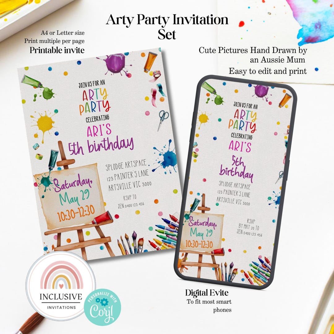 Arty Party Invite Bundle, Set of Art Themed Birthday Invitations, Edit ...