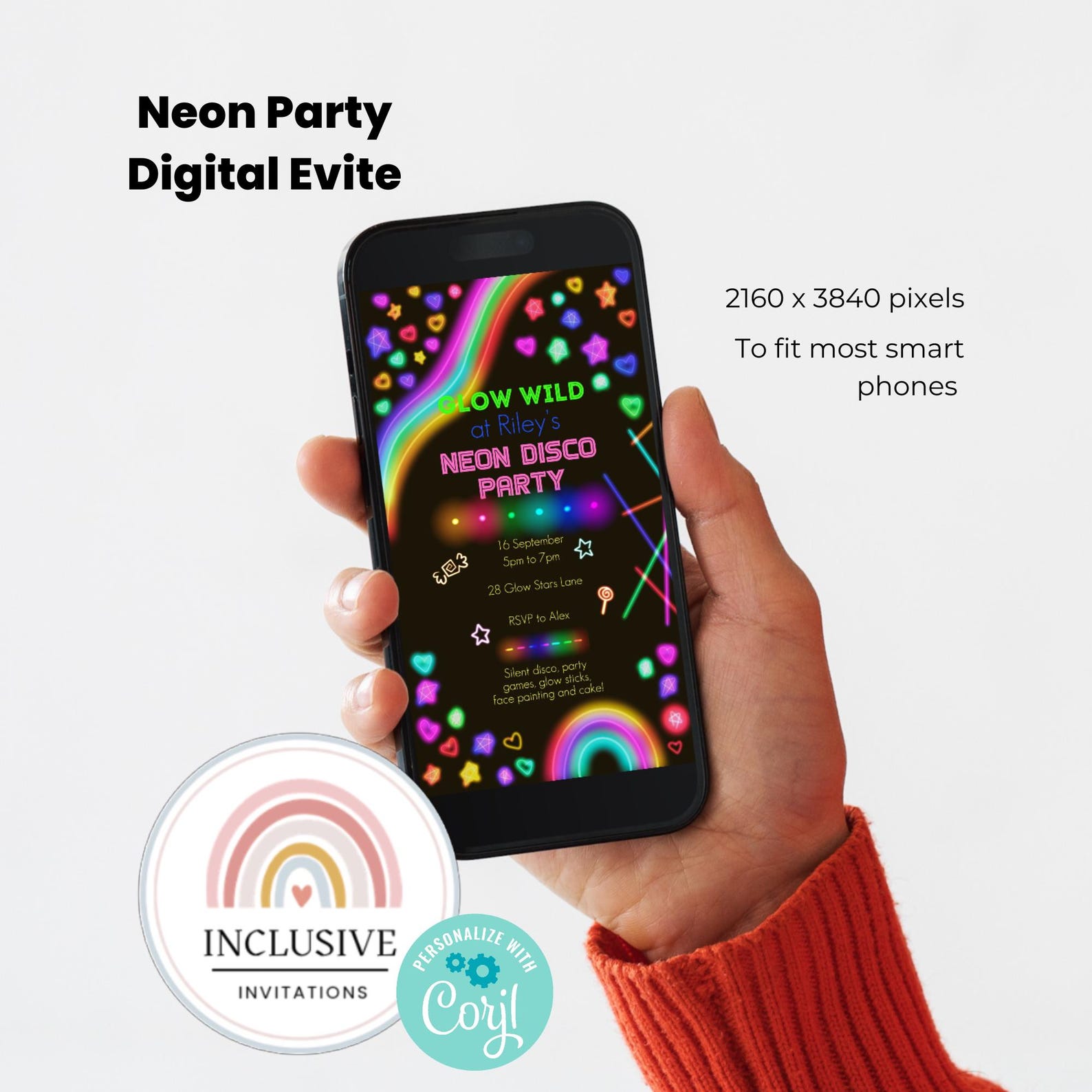 Neon Glow Kids Birthday Party Digital Evite Invitation Editable Disco ...