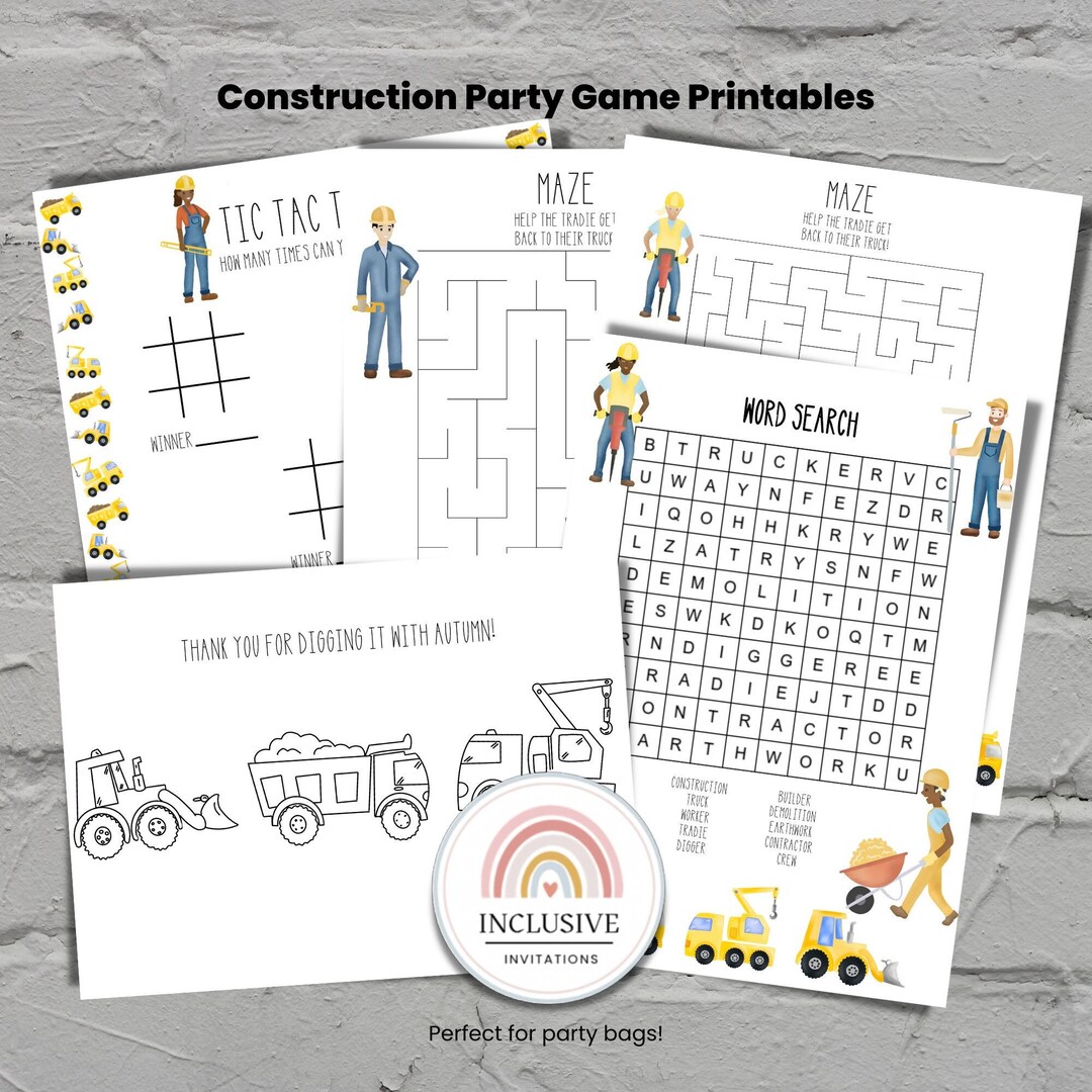 Construction Birthday Party Games Printables Lolly Bag Loot Editable ...