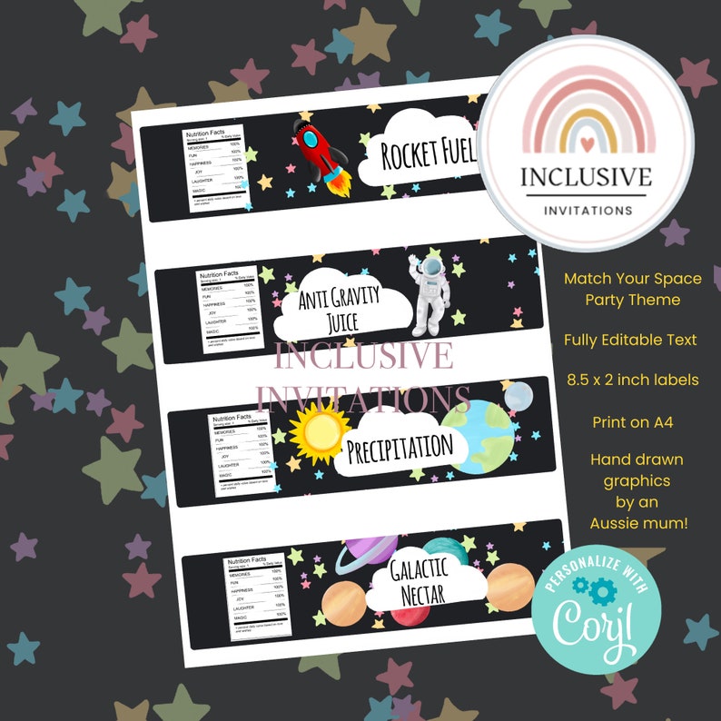 Space Party Water Bottle Labels: Rocket Ship Birthday Decor (printable ...