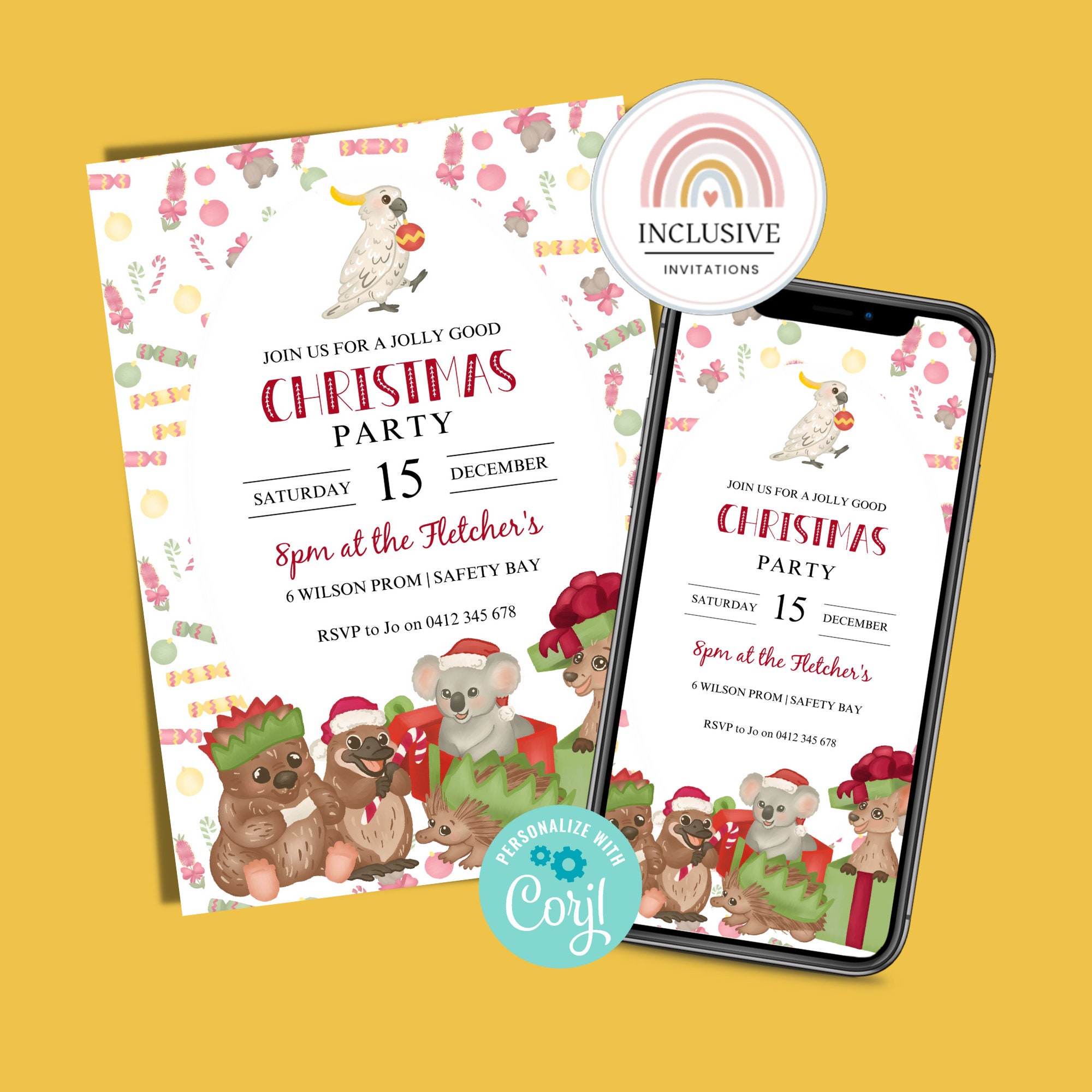 Australian Animal Theme Christmas Party Invitation, Digital Template ...