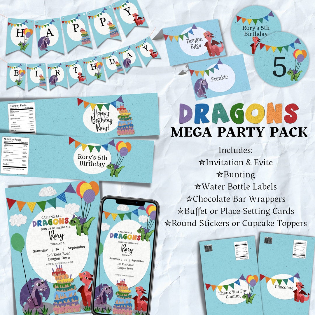Dragons Party Pack Printable Decor Bunting Stickers Labels Buffet Tags ...