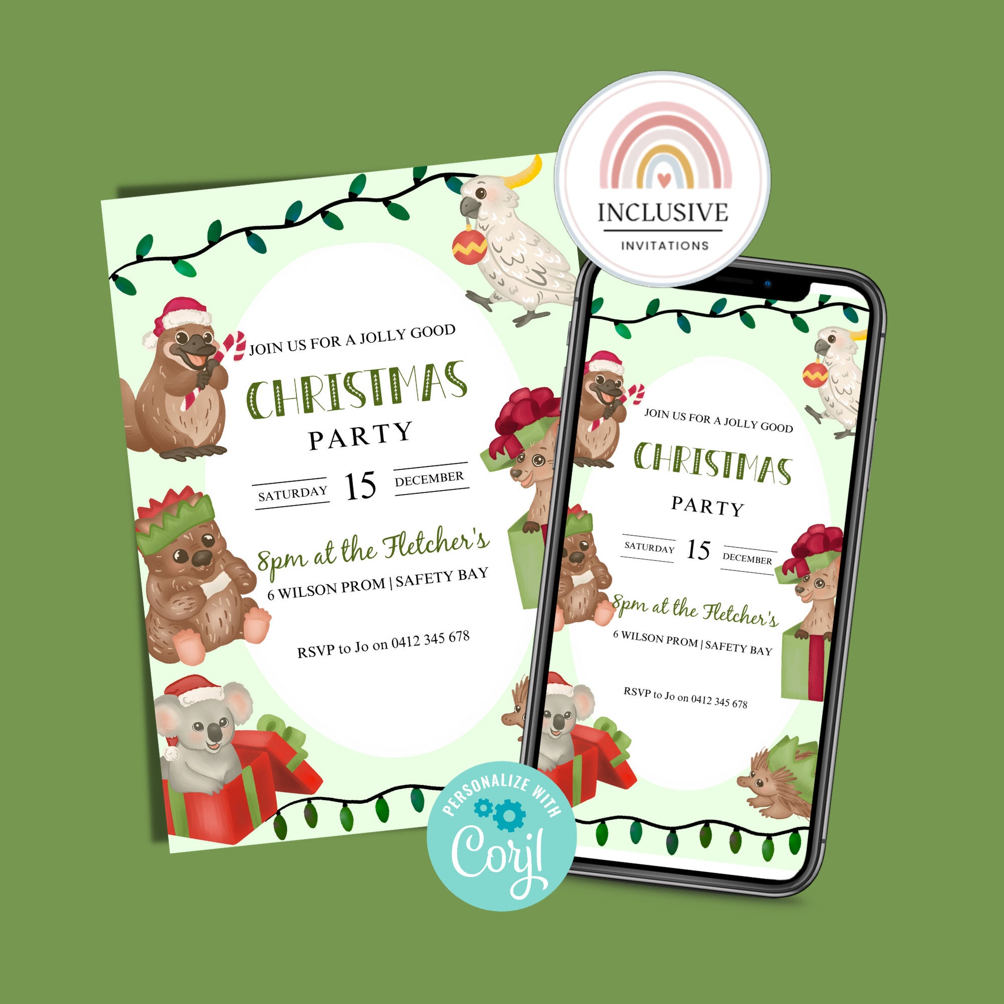 Australian Christmas Party Invitation, Aussie Xmas Invite, Kangaroo ...