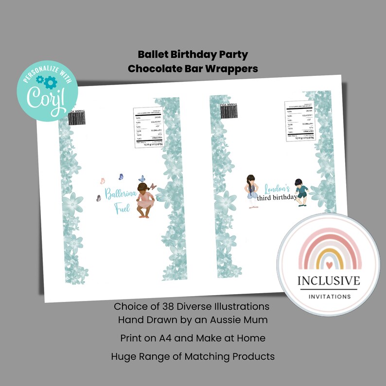 Green Ballerina Chocolate Bar Wrappers Printable Editable Customisable ...