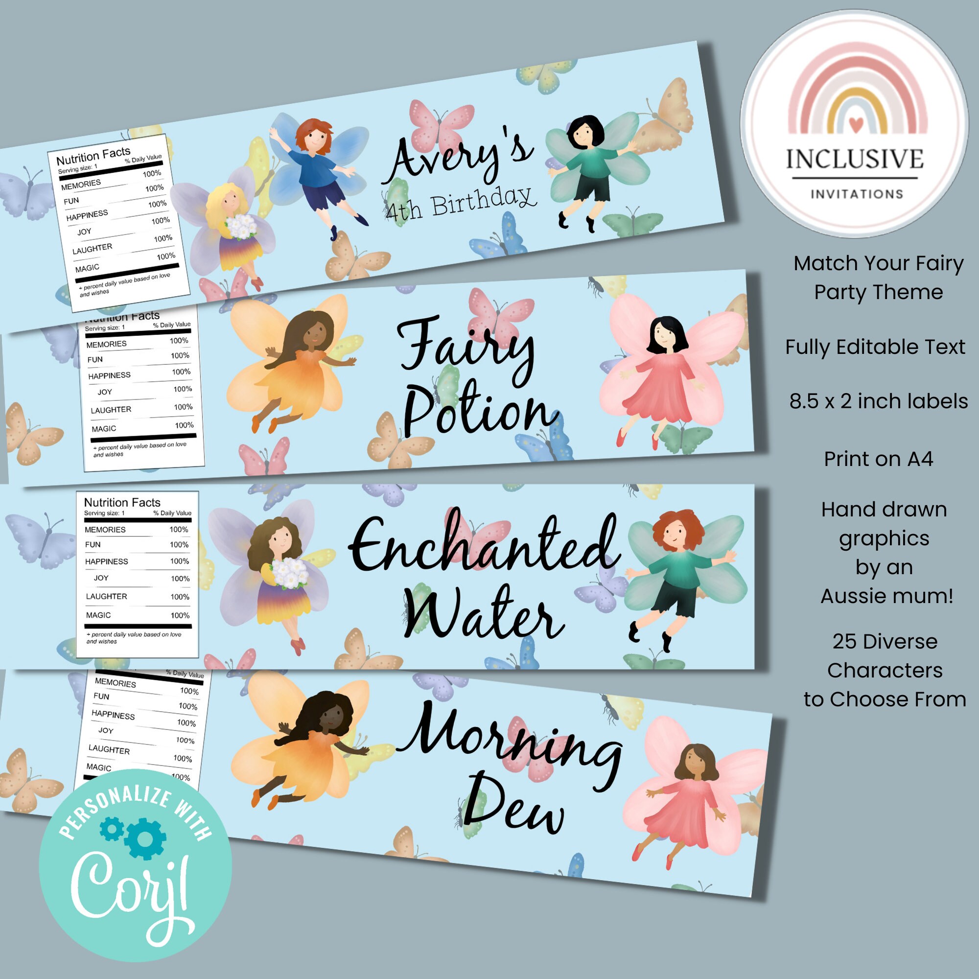 Fairy Party Water Bottle Labels Customisable Editable Printable Digital ...