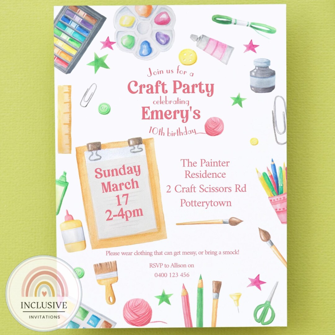 Children's Craft Party Invite, Watercolour Arts and Crafts Birthday ...