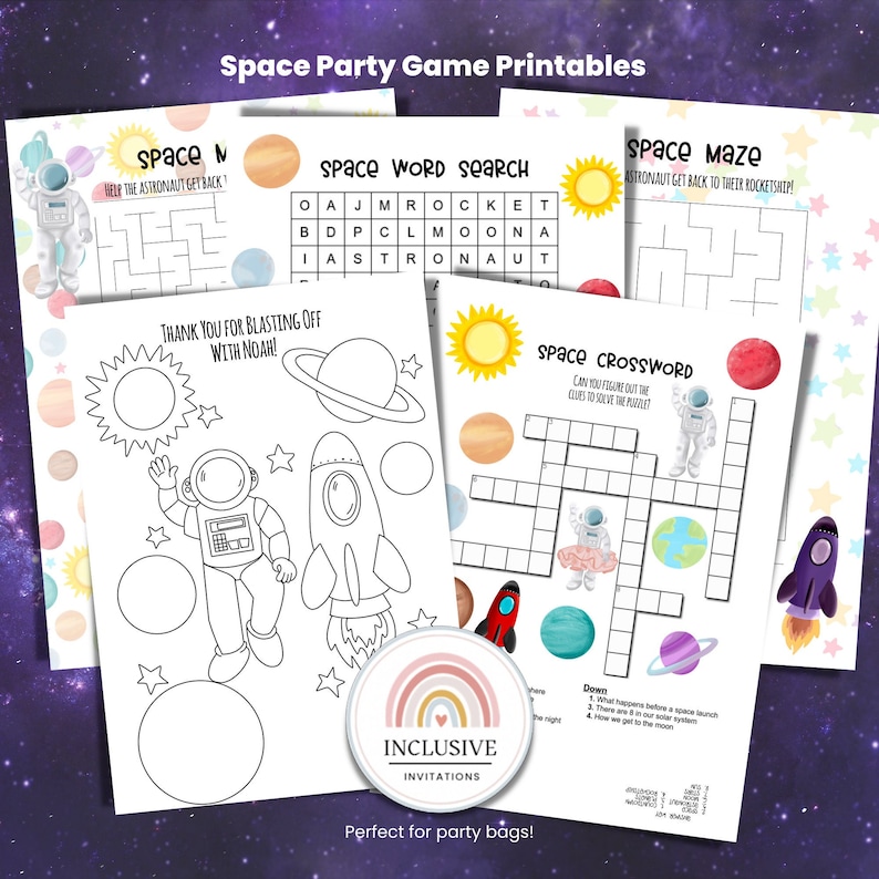 Space Planets Astronaut Party Printables Games Puzzles Loot Bag Lolly ...