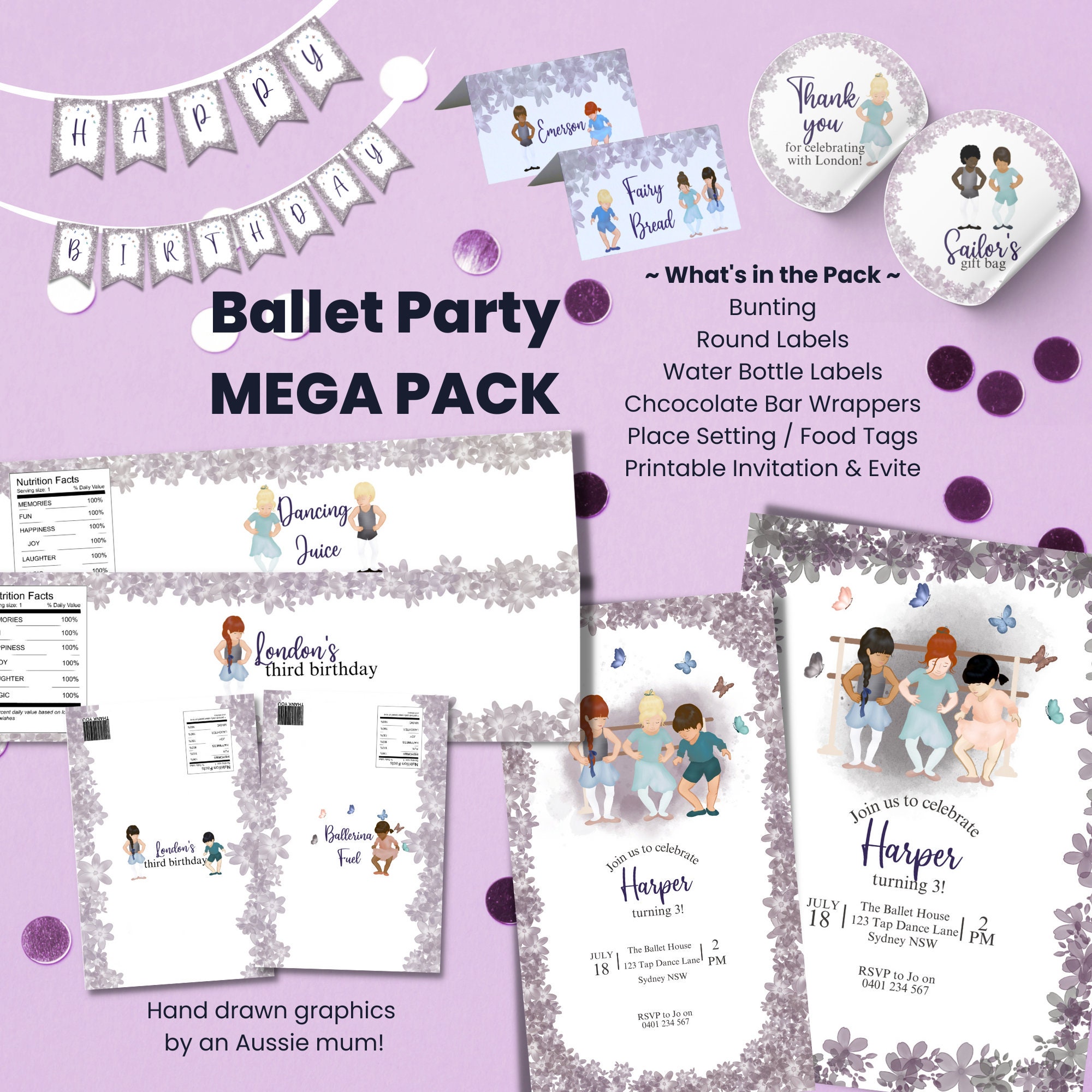Purple Ballet Party Pack Printable Decor Bunting Stickers Labels Tags ...