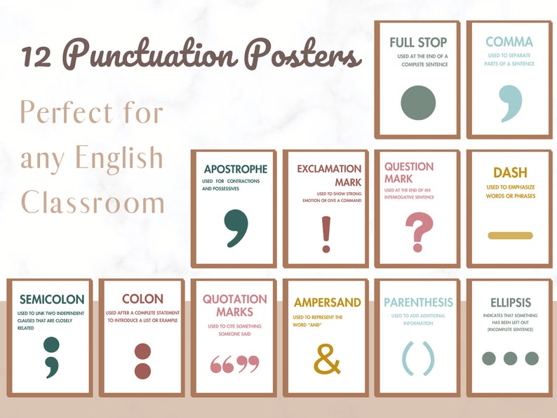 Punctuation English Classroom Posters Set of 12, Boho Classroom Decor ...