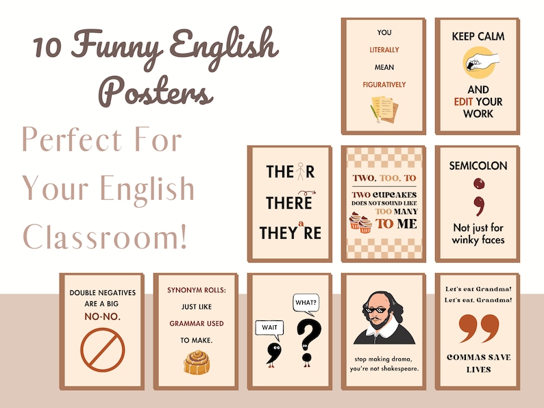 10 Funny English Classroom Posters Printable, Grammar Punctuation ...
