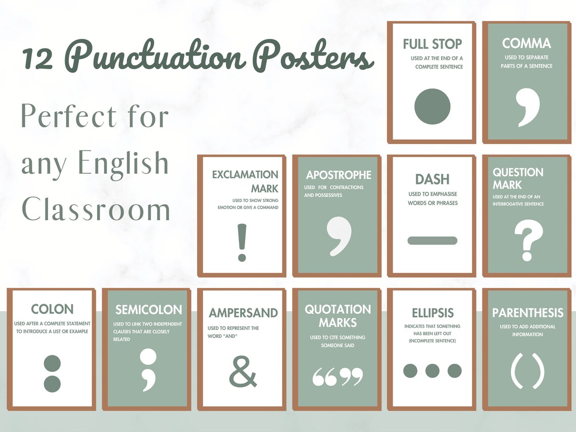 Punctuation English Classroom Posters Set of 12, Boho Classroom Decor ...