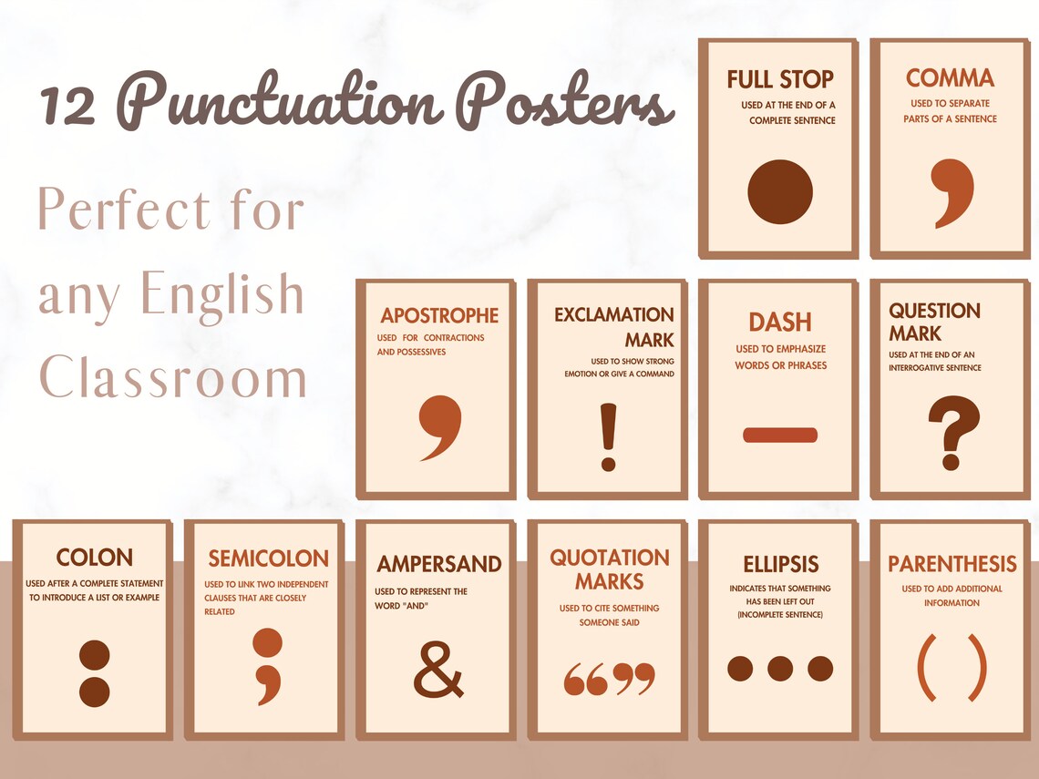 Punctuation English Classroom Posters Set of 12 Boho - Etsy