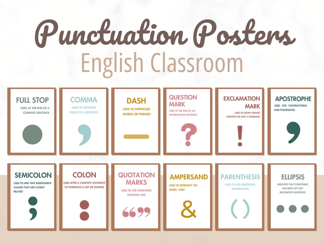 Punctuation English Classroom Posters Set of 12, Boho Classroom Decor ...