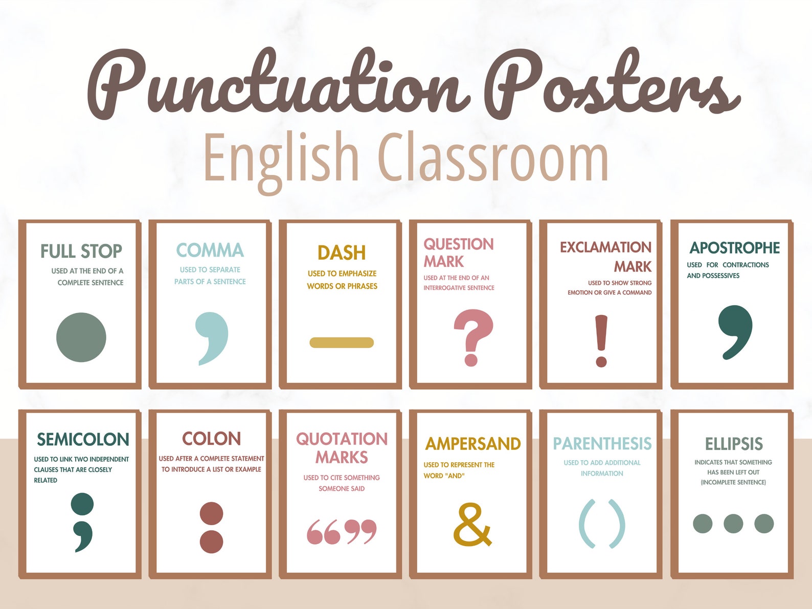 Punctuation English Classroom Posters Set of 12, Boho Classroom Decor ...