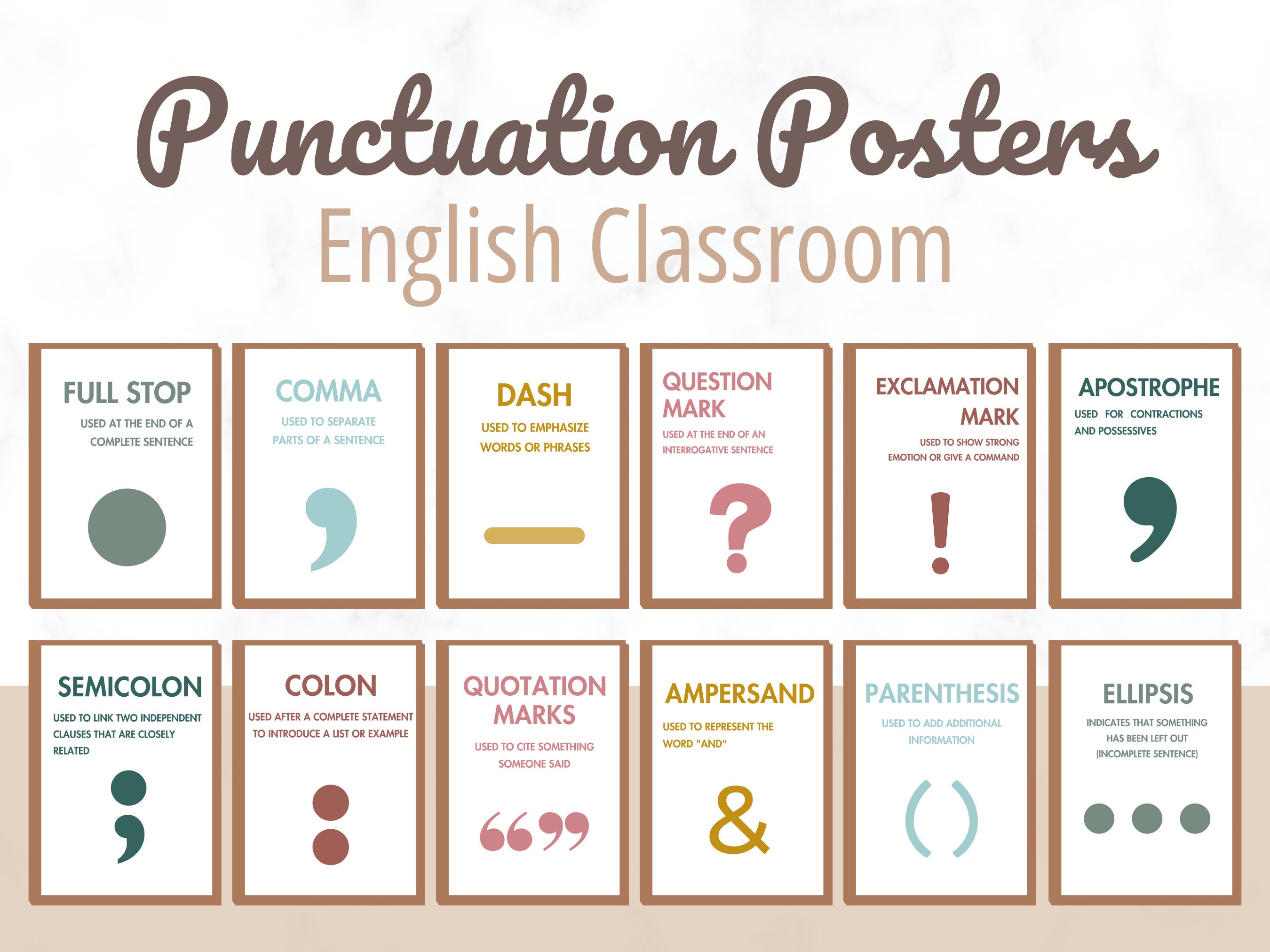 Punctuation English Classroom Posters Set of 12, Boho Classroom Decor ...