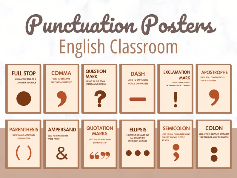 Punctuation English Classroom Posters Set of 12, Boho Classroom Decor ...