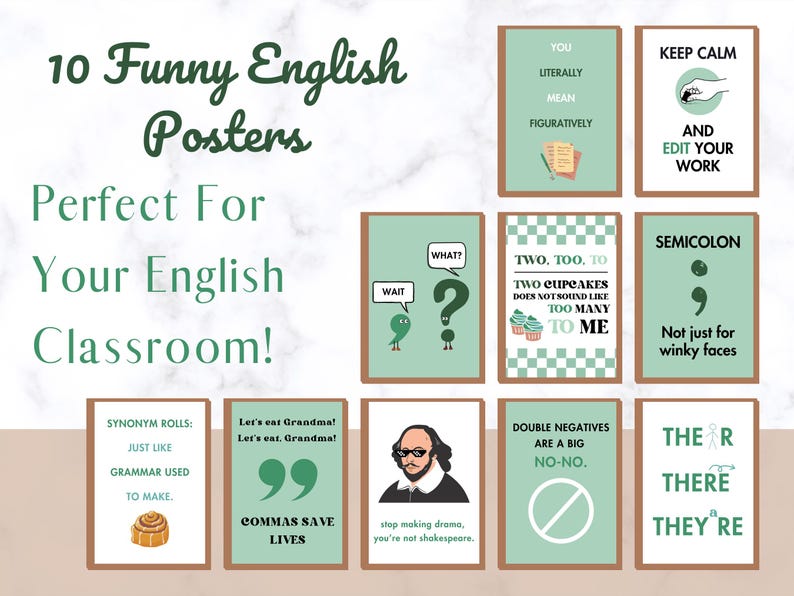 10 Funny English Classroom Posters Printable, Grammar Punctuation ...