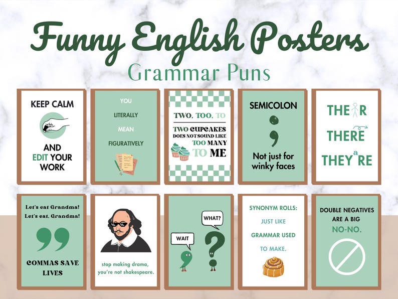 10 Funny English Classroom Posters Printable, Grammar Punctuation ...