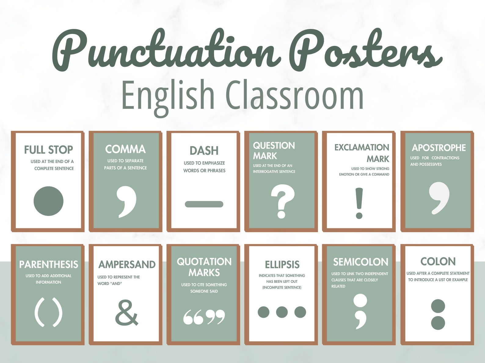 Punctuation English Classroom Posters Set of 12, Boho Classroom Decor ...