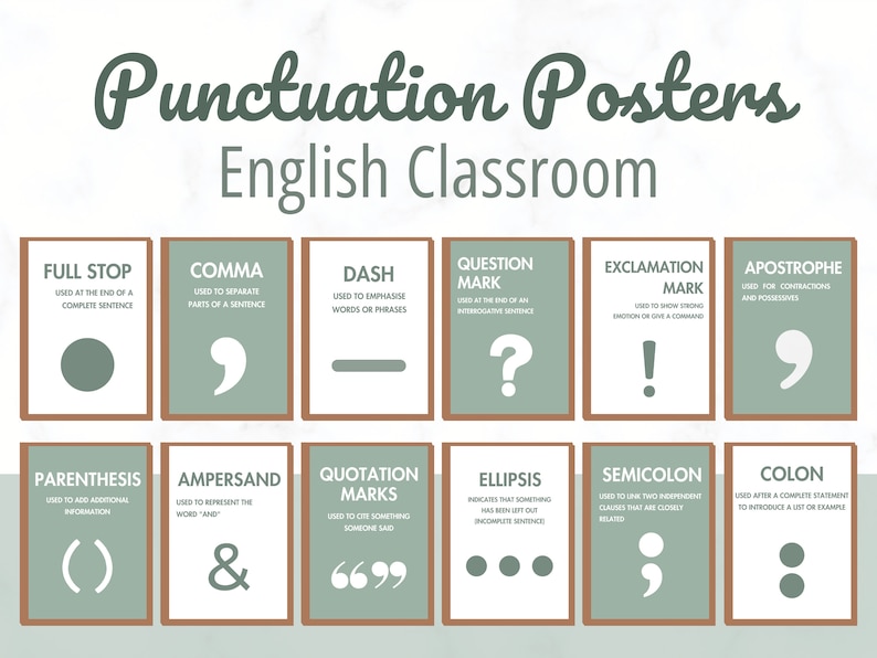Punctuation English Classroom Posters Set of 12, Boho Classroom Decor ...