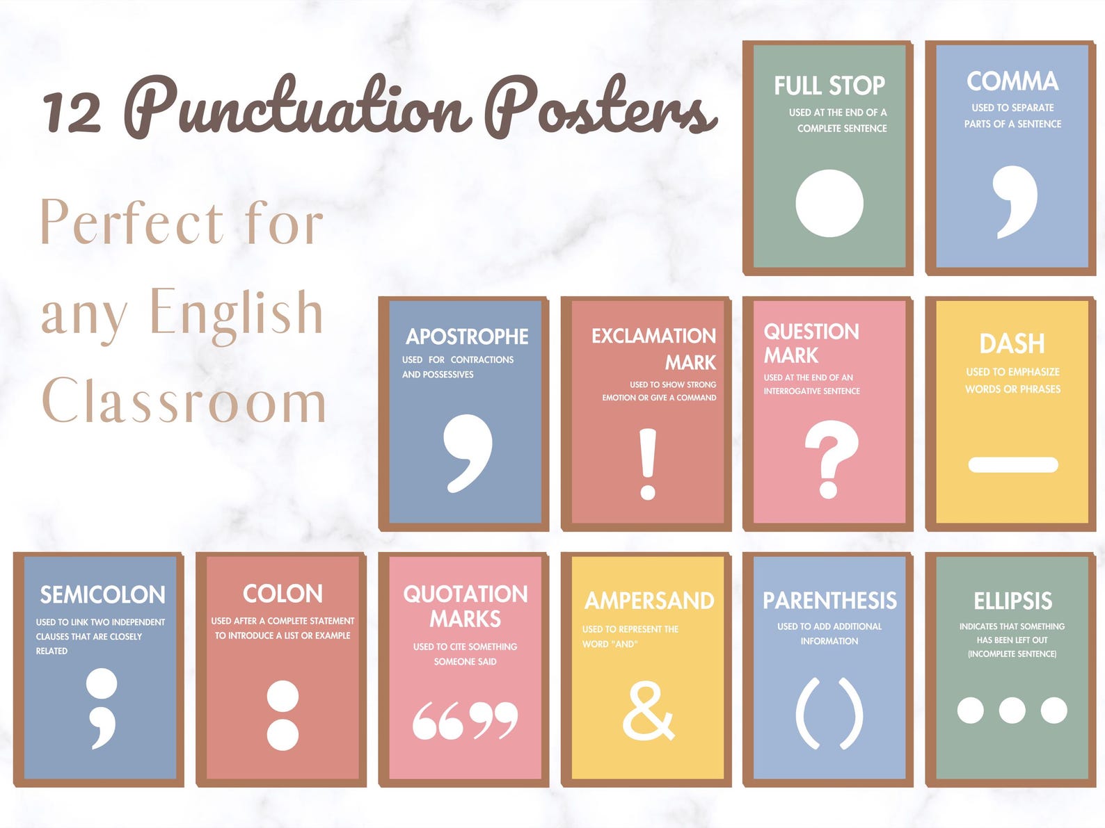 Punctuation English Classroom Posters Set of 12, Boho Classroom Decor ...