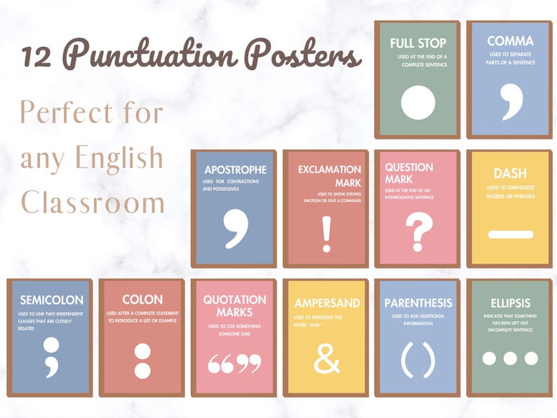 Punctuation English Classroom Posters Set of 12, Boho Classroom Decor ...