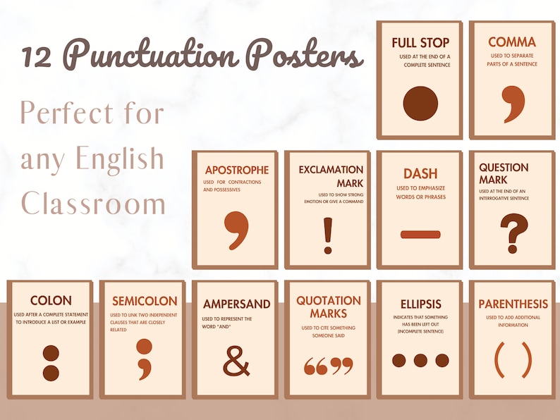 Punctuation English Classroom Posters Set of 12, Boho Classroom Decor, English Classroom Decor ...