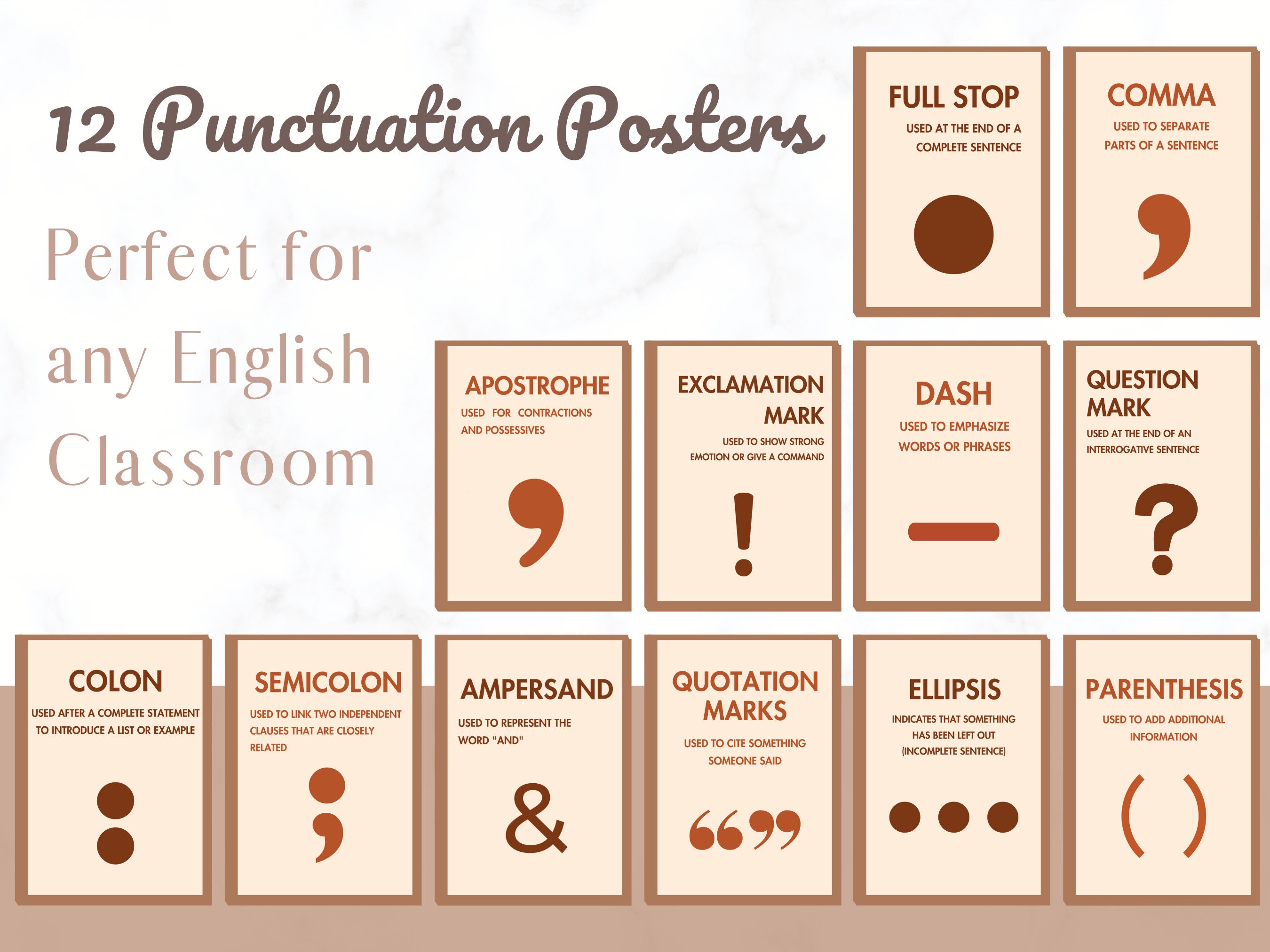 Punctuation English Classroom Posters Set of 12, Boho Classroom Decor ...