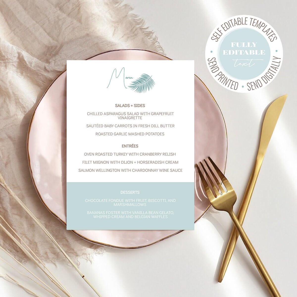 Modern Coastal Leaf Design Dinner Menu • Chic Aqua Blue Beach Wedding ...
