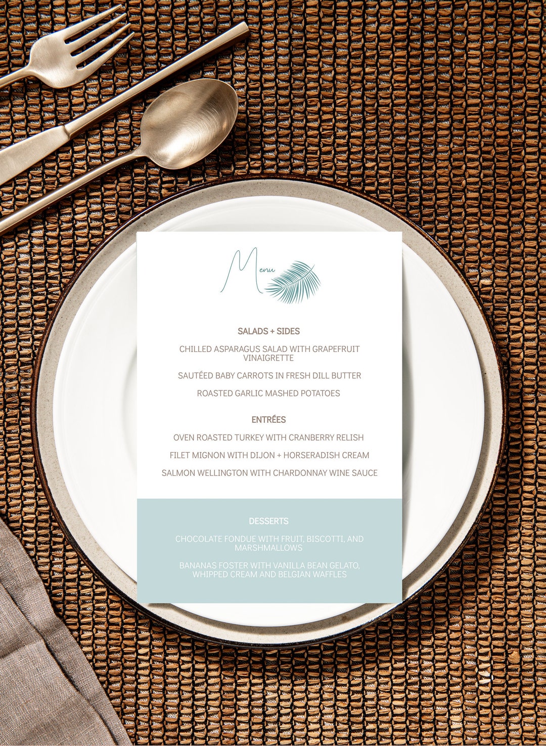 Modern Coastal Leaf Design Dinner Menu • Chic Aqua Blue Beach Wedding ...