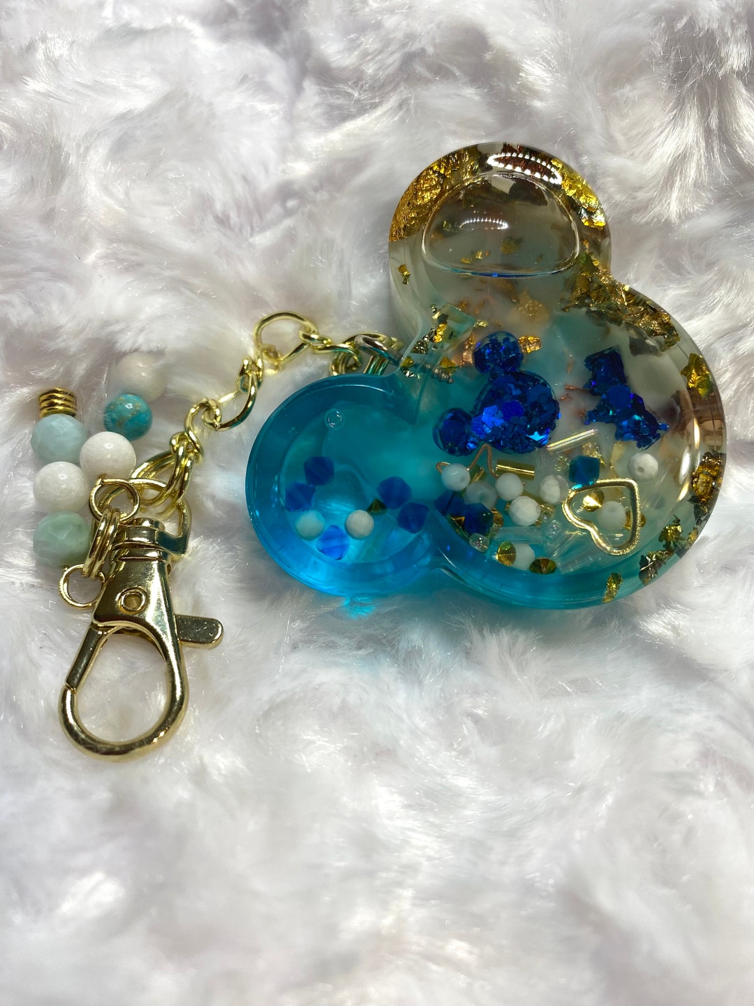 Mouse Head Keychain/resin Shaker Keychain/blue, Gold, and White Epoxy ...