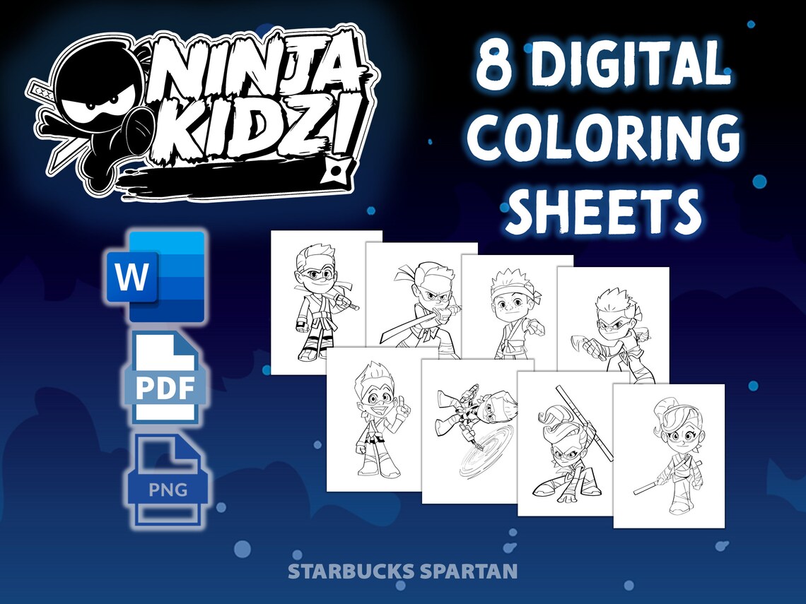 DIGITAL 8-sheet Ninja Coloring Pages PNG Printable Clipart Bryton ...