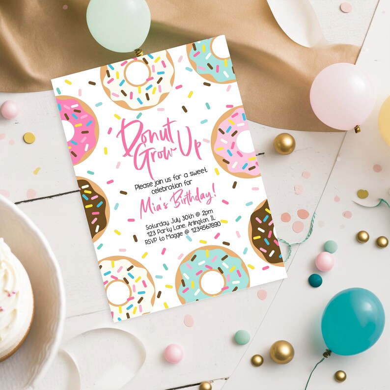 Donut Sprinkles Birthday Invite - Pink Lettering - Digital Birthday ...