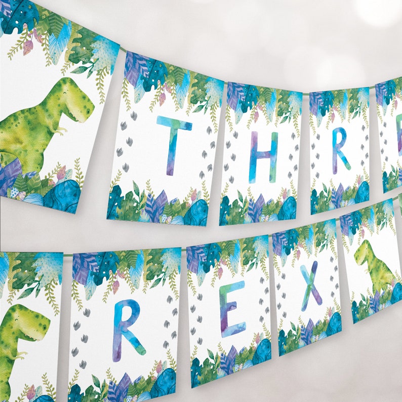 Dinosaurs Three Rex Banner - Digital Birthday Supplies – Dinosaurs T ...