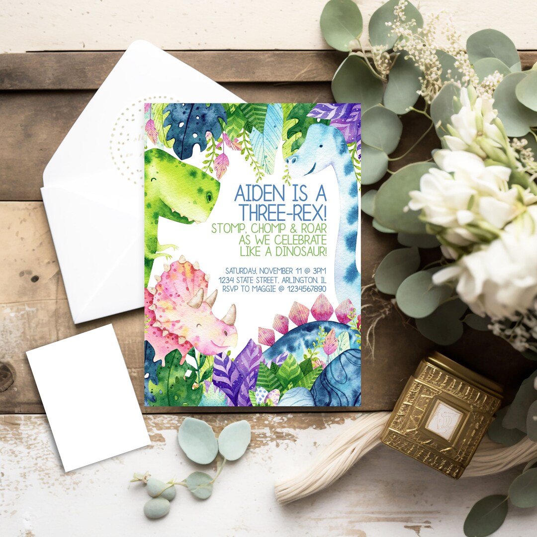 Dinosaurs Birthday Three Rex Invite - Digital Birthday Supplies ...