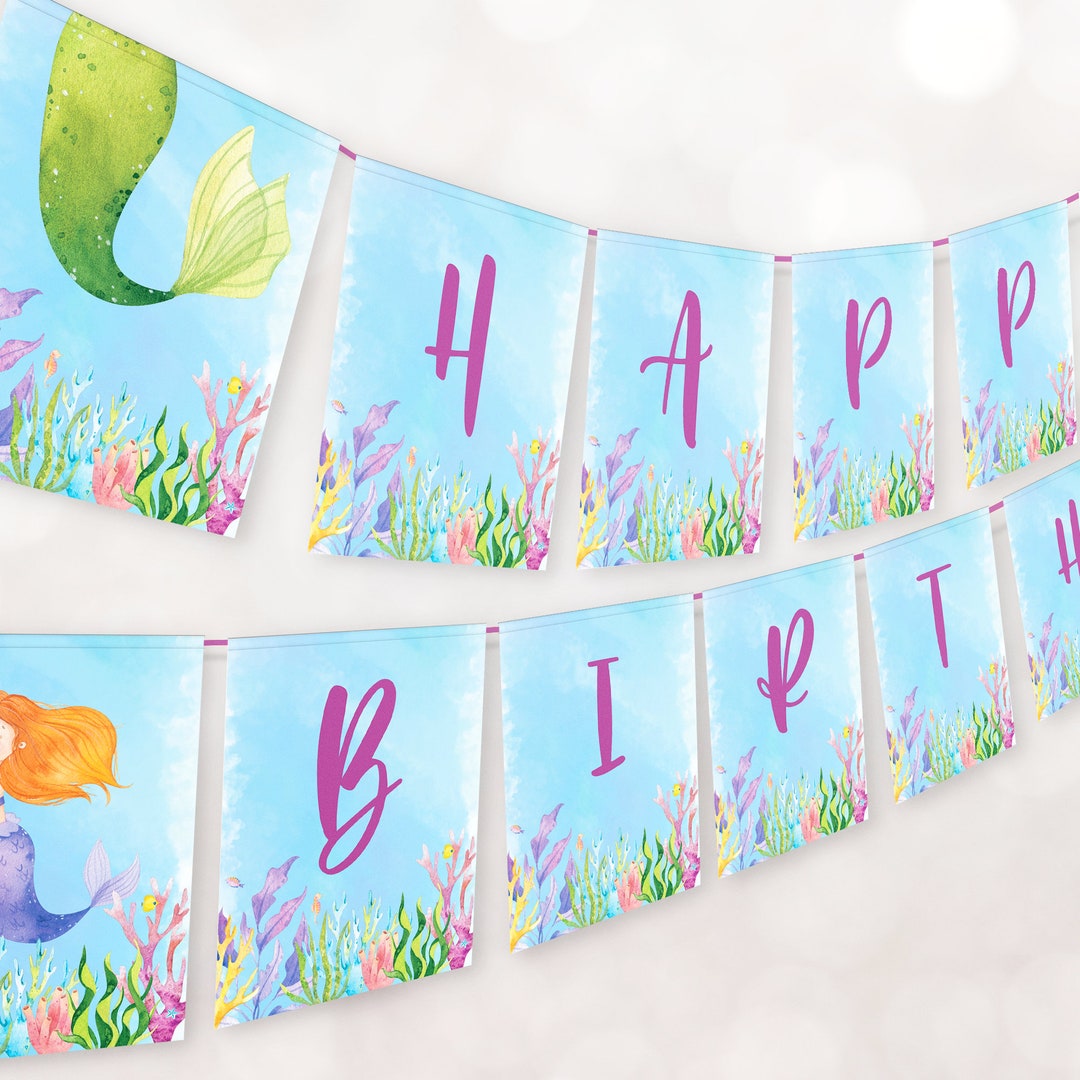 Mermaid Happy Birthday Banner - Digital Birthday Supplies – Mermaids ...