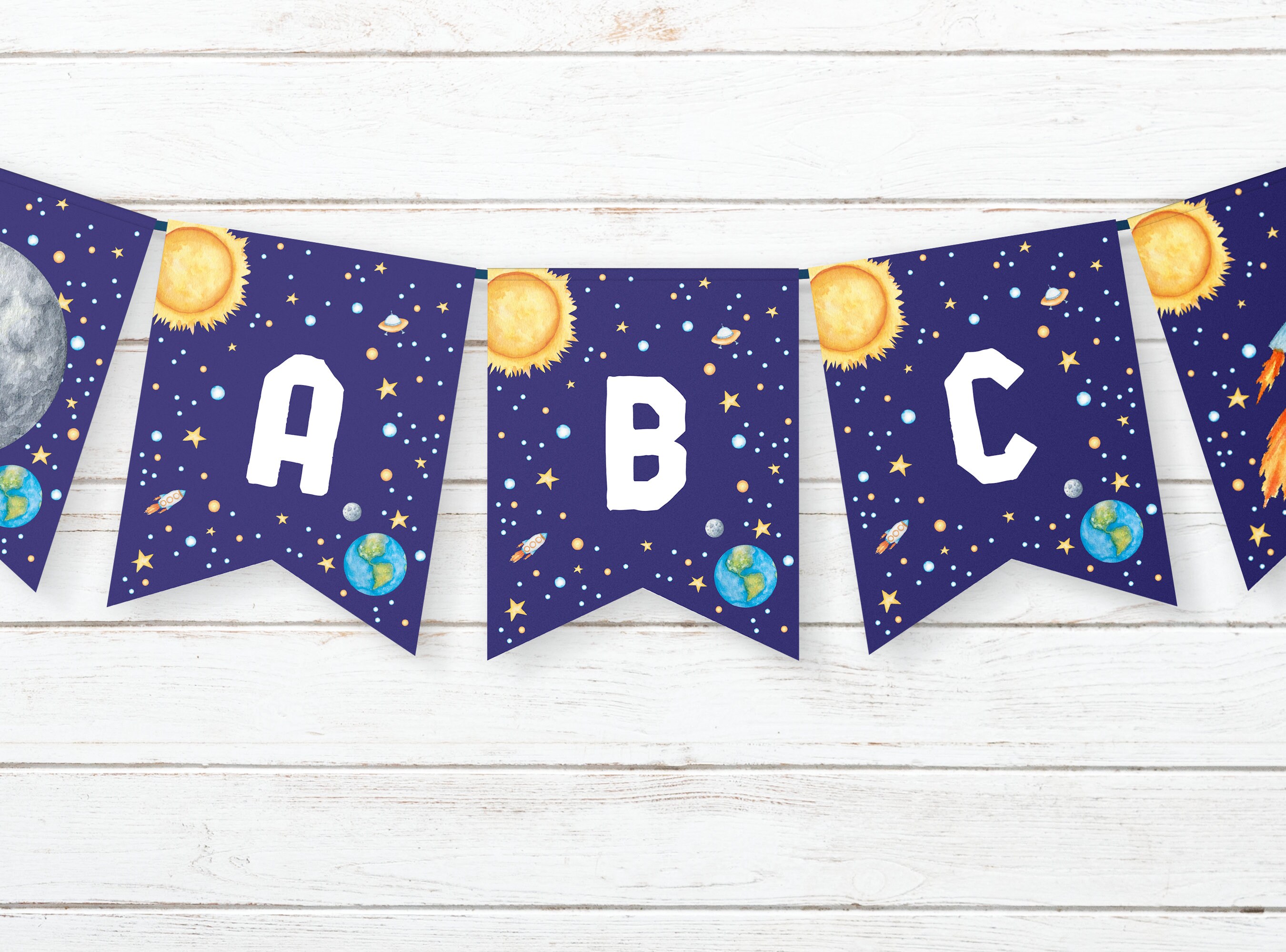 Blast off Full ABC Birthday Banner - Digital Birthday Supplies - Space ...