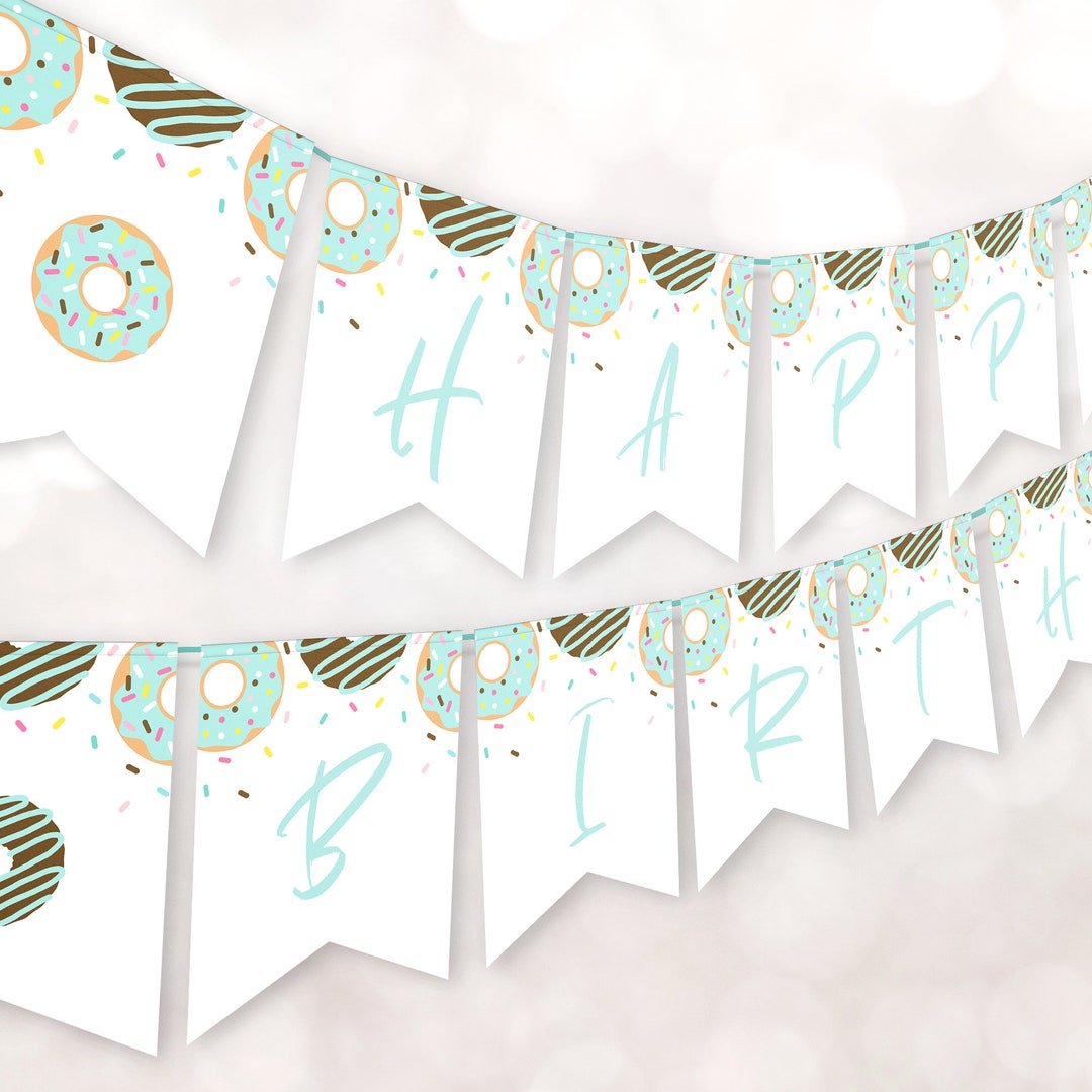 Teal Donut Happy Birthday Banner - Digital Birthday Supplies - Donuts ...