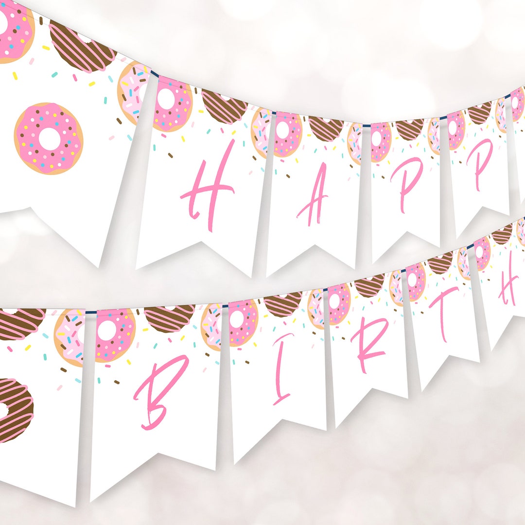 Pink Donut Happy Birthday Banner - Digital Birthday Supplies - Donuts ...