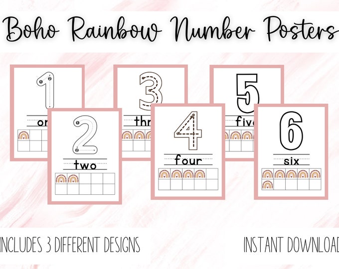 Number Posters, Numbers 1-20 With and Without Ten Frames, Boho Rainbow ...