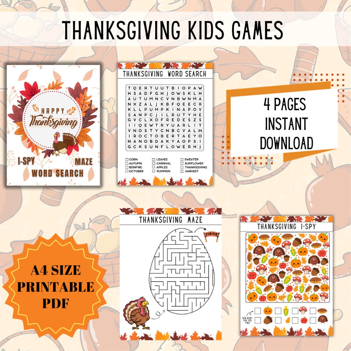 Thanksgiving Kids Games - Printable Download - Etsy