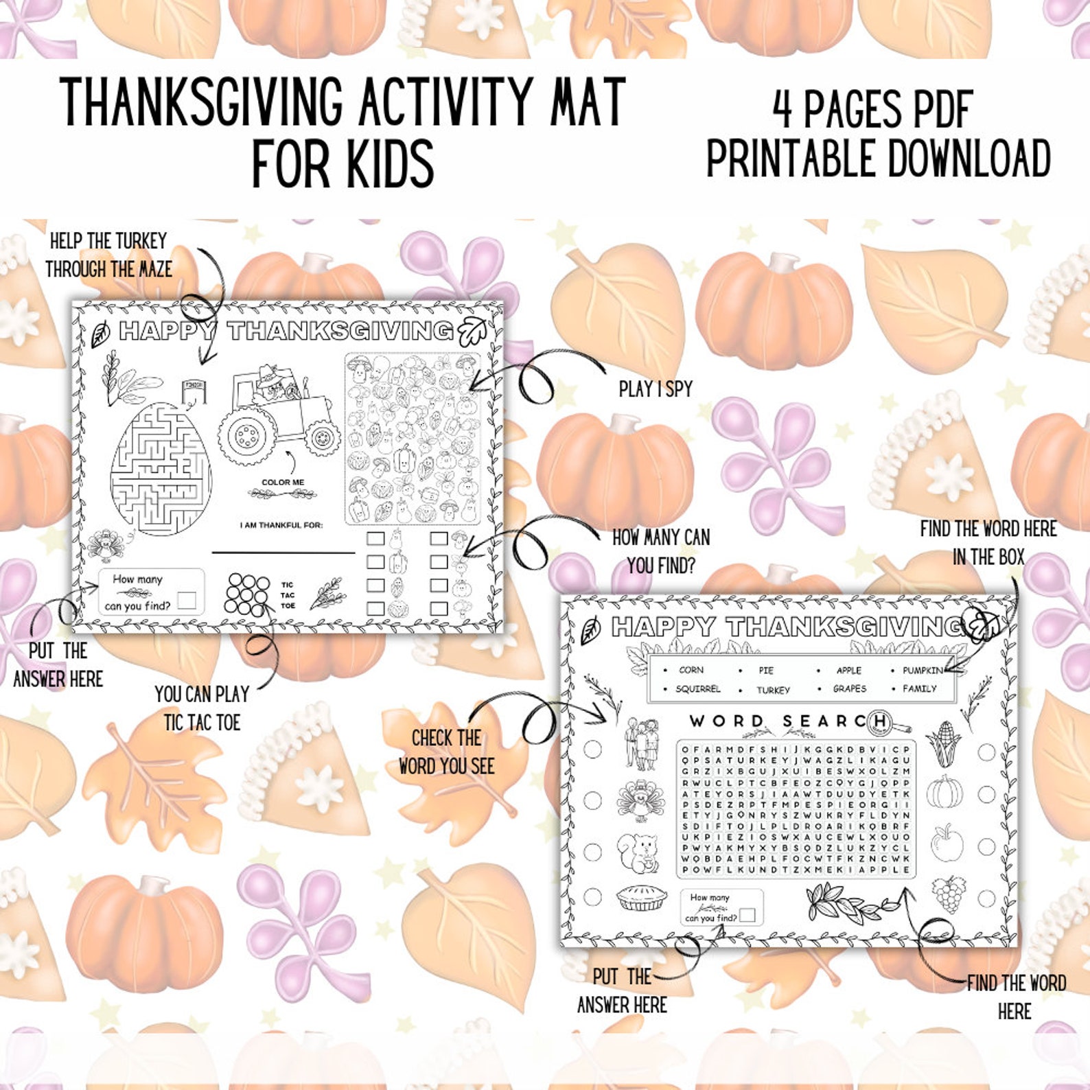 Thanksgiving Activity Mats for Kids - 4 Different Matts - Etsy