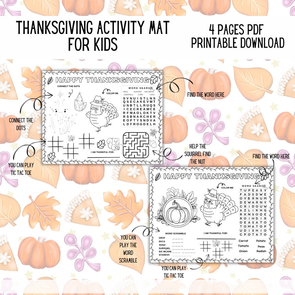 Thanksgiving Activity Mats for Kids - 4 Different Matts - Etsy
