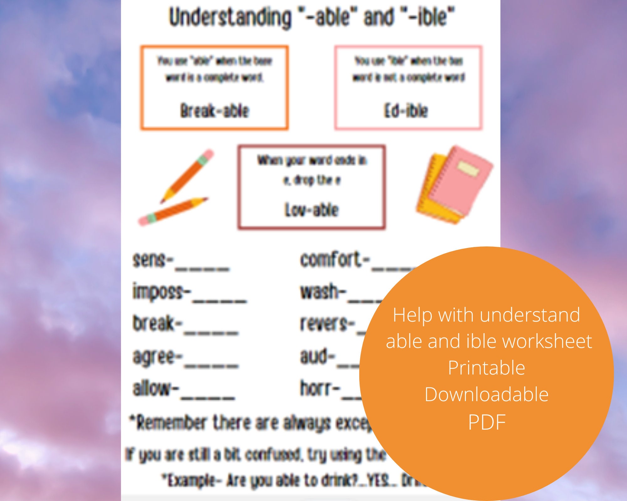 Understanding Able and Ible Worksheet - Etsy