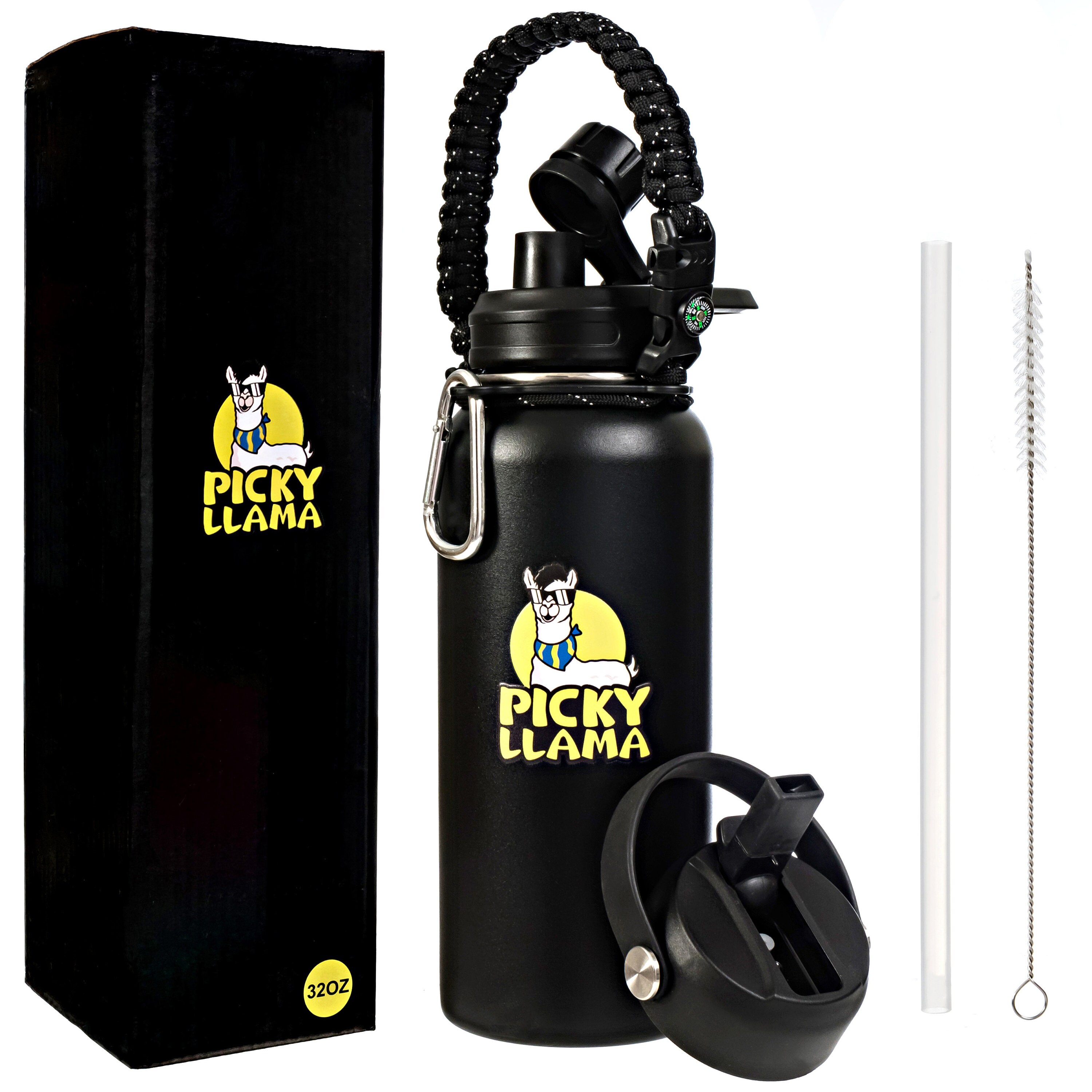 Picky Llama Sports Water Bottle-32oz, Straw & Spout Lids, Paracord Handle, Leak Proof, Insulated ...